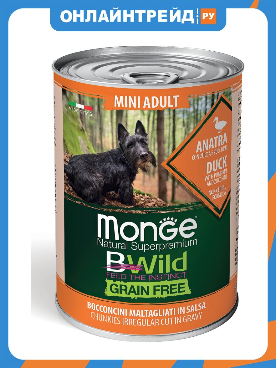 Корм влажный беззерновой для взрослых собак мелких пород Monge Dog BWild GRAIN FREE Mini из утки с тыквой и кабачками 400 г