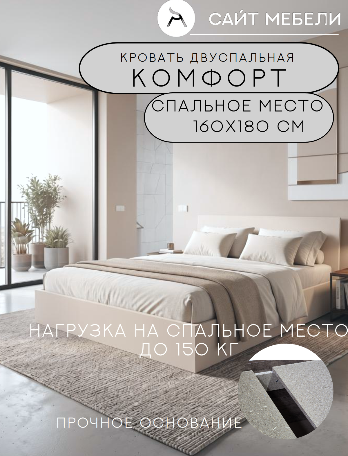 Кровать ЛДСП сп. м. 160х180 см, Кашемир (настил в комплекте), усиленная конструкция