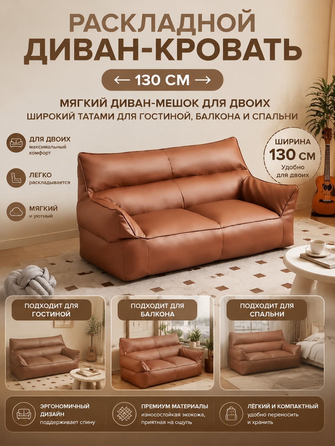 Раскладной диван-кровать 130 см, мягкий диван-мешок для двоих, широкий татами для гостиной, балкона и спальни