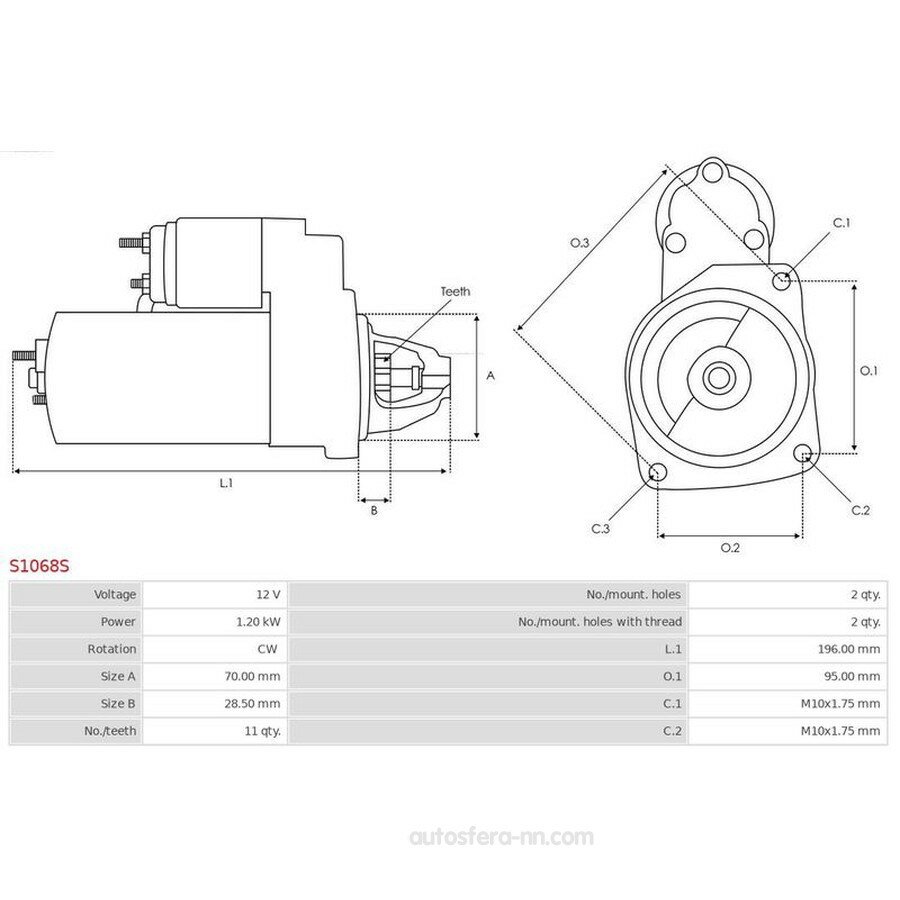 AS S1068S Стартер Hyundai ix35 09-13 / Santa Fe 09-21 (1,2 kW/ Z=11/ Аналог DELCO)