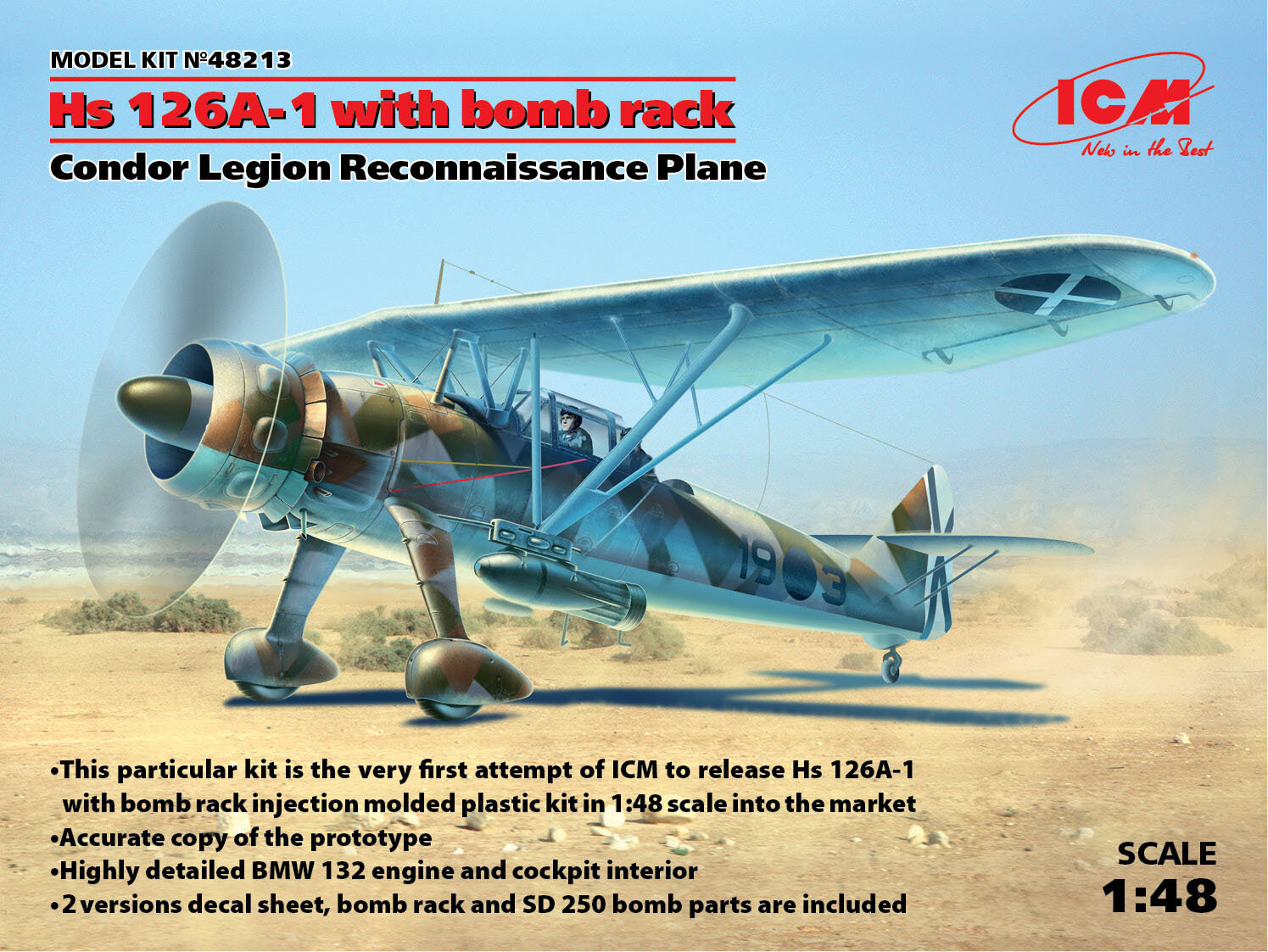 Сборная модель ICM 1/48 Самолет-разведчик Легиона Кондор Hs 126A-1 с бомбодержателем