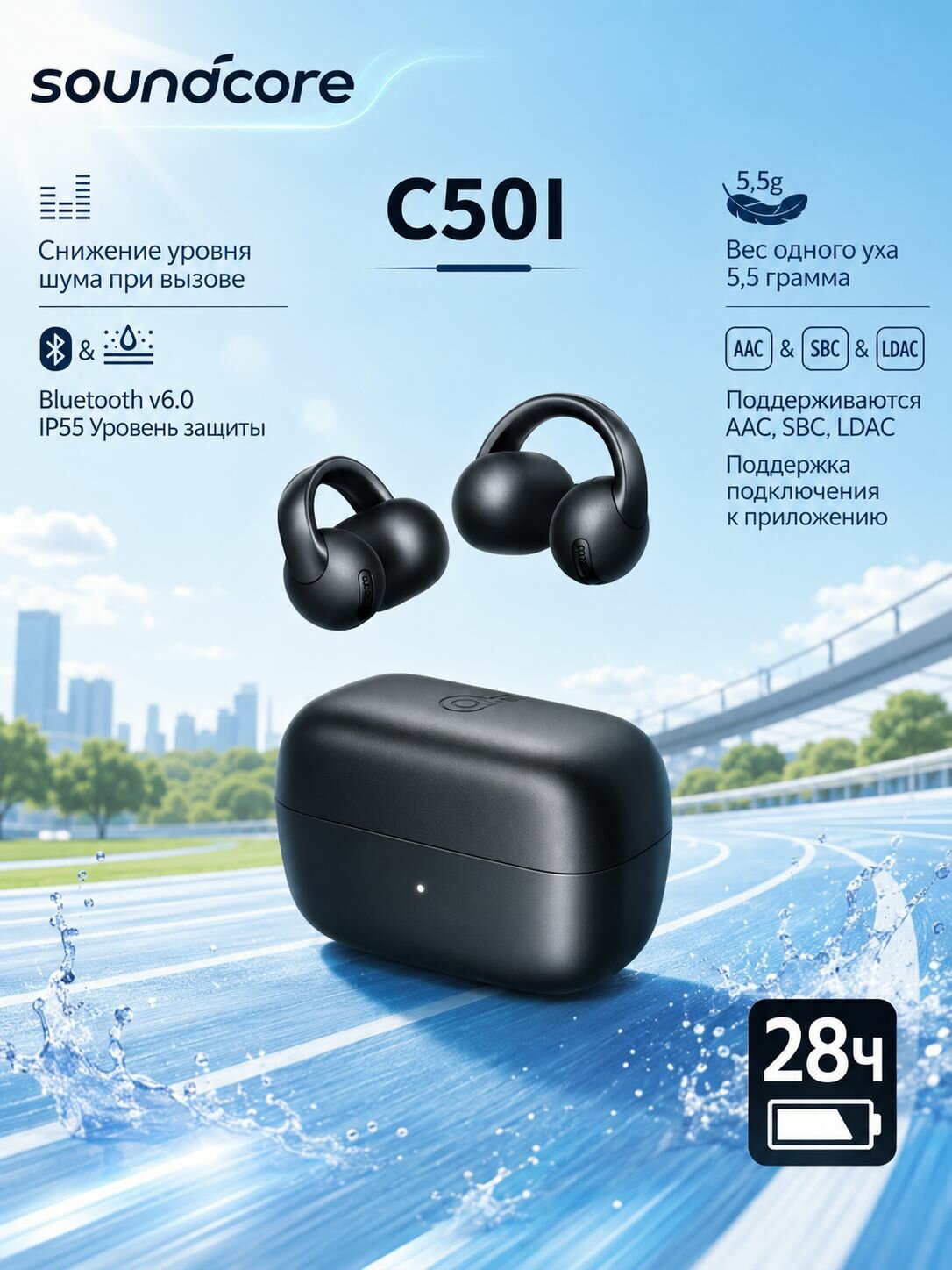 Soundcore наушники-вкладыши C50i Bluetooth открытые клипон с AIмикрофоном, длительное время работы, легкие и удобные