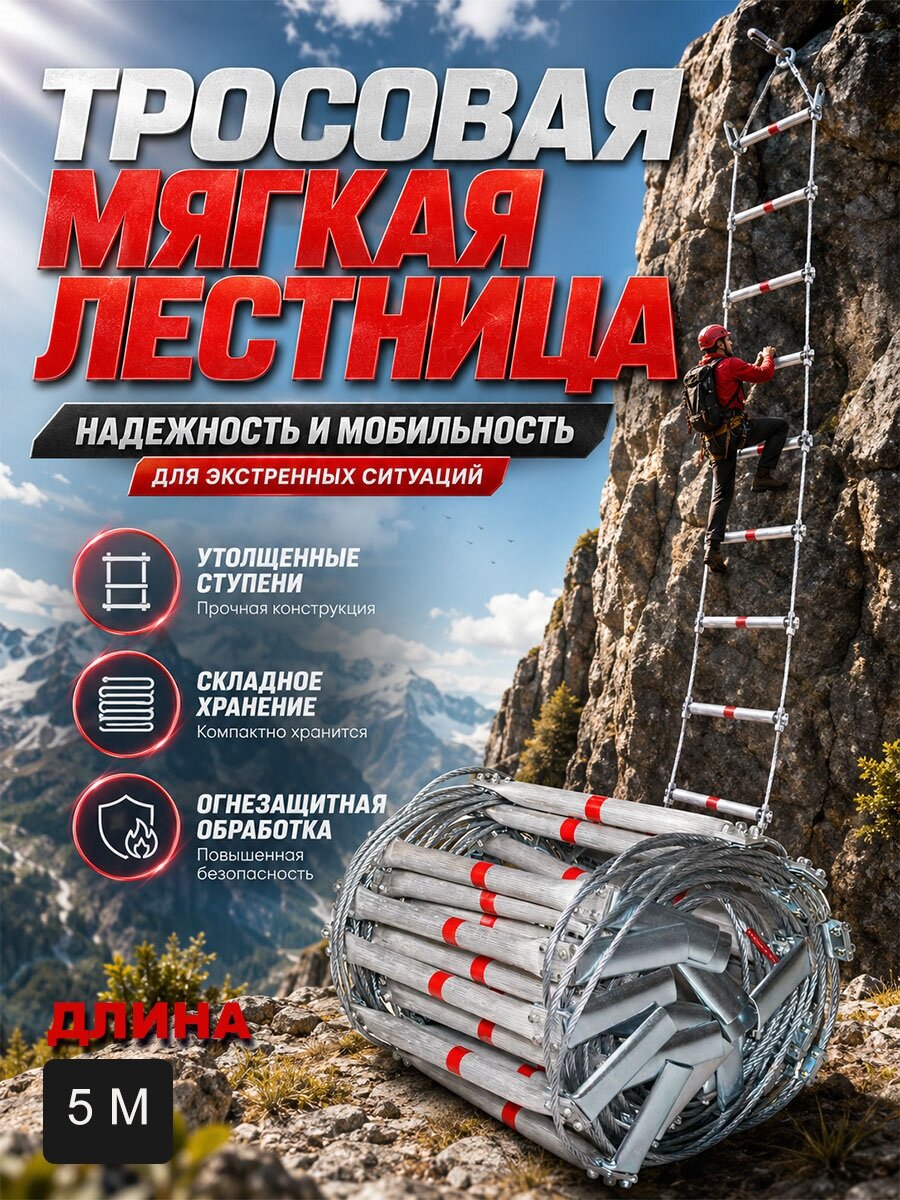 Мягкая канатная лестница складного хранения из металла, прочная конструкция для эвакуации при пожаре в многоэтажном доме