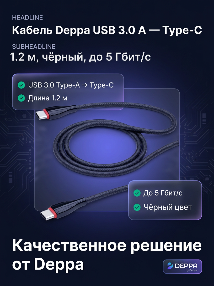 Кабель-переходник Deppa USB 3.0 Type-A - Type-C, 1.2 м, черный