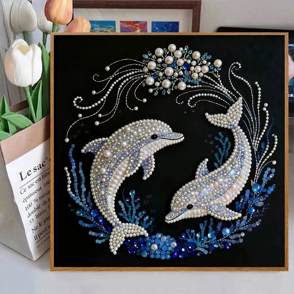 Алмазная мозаика на подрамнике 20X20CM две дельфина - жемчуг стразы
