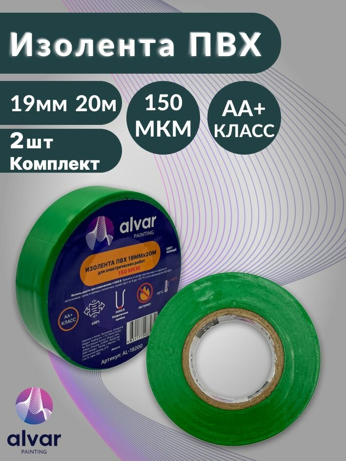 Изолента ПВХ 19мм, 20м, зеленая (комплект из 2-х штук)