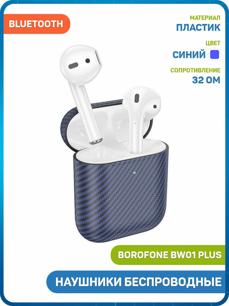 Наушники беспроводные Borofone BW01 Plus (с боксом для зарядки) (Bluetooth) синий