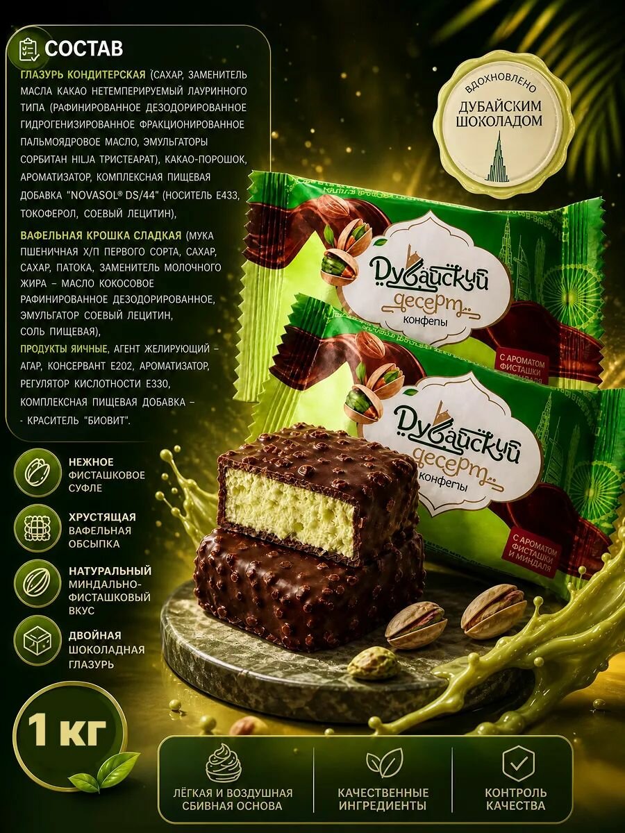 Конфеты "Дубайский Десерт", с вафельной крошкой в глазури, 1 кг — фото 1