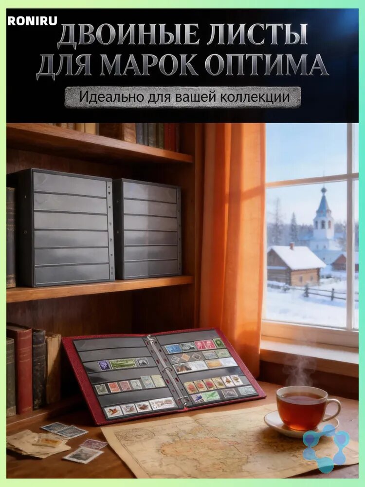 Комплект из 10 двойных черных листов для марок на 7 полос, формат OPTIMA 218x280 мм, ПВХ