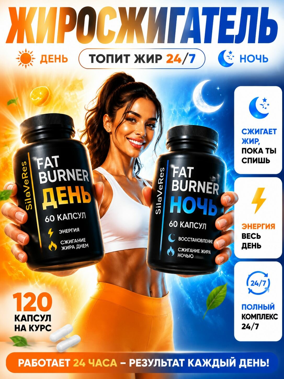 Жиросжигатель для похудения SILAVERES День и Ночь 120 капсул, комплекс для снижения веса и капсулы для контроля аппетита. Комплексная пищевая добавка на основе растительных экстрактов контроль аппетита растительные экстракты день и ночь