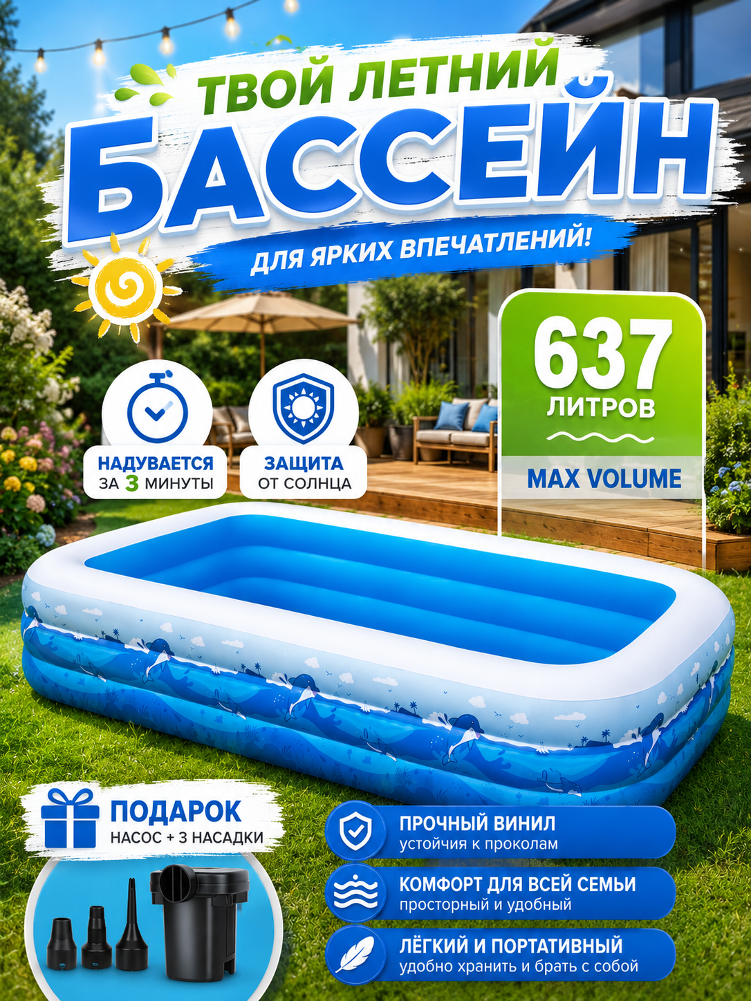 Надувной бассейн для дома, из прочного ПВХ, с насосом, 200×122×52 см