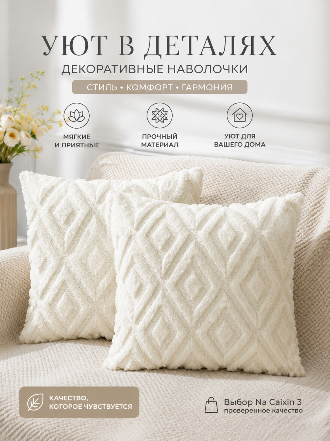 Наволочка Organic style home, 45x45 см, на молнии, молочный, велюр искусственный