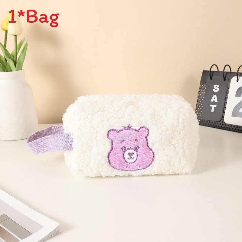 Adorable heart bear plush cosmetic organizer for girls portable storage with handle purple