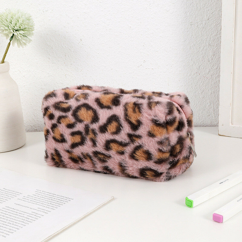 Cosmetic storage bag with soft plush fabric for womens beauty needs leopard print pink