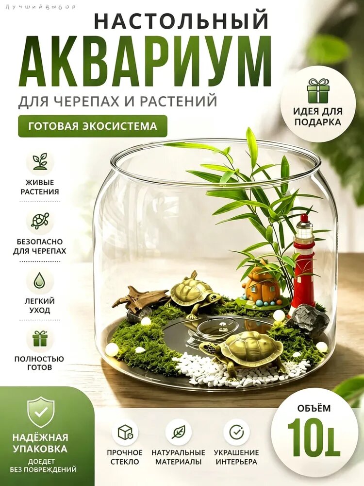 Настольный аквариум для черепах и растений, готовая экосистема, объем 10 л