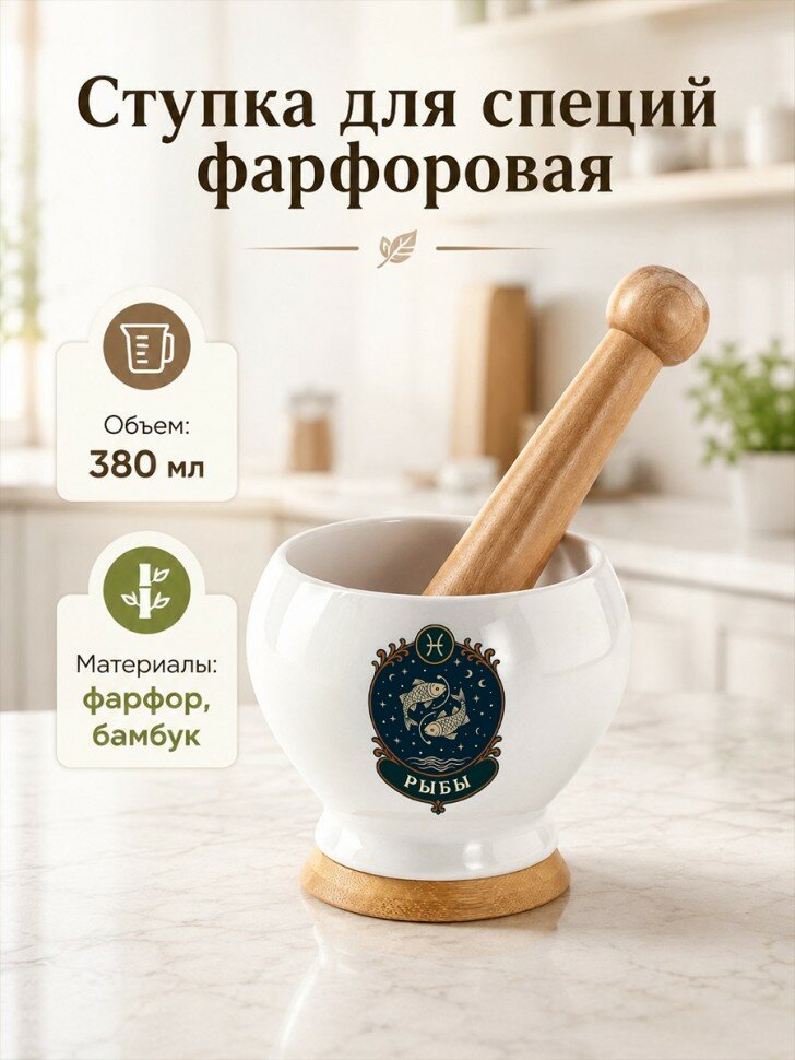 Ступка из фарфора и бамбука с пестиком и со знаком зодиака "Рыбы"