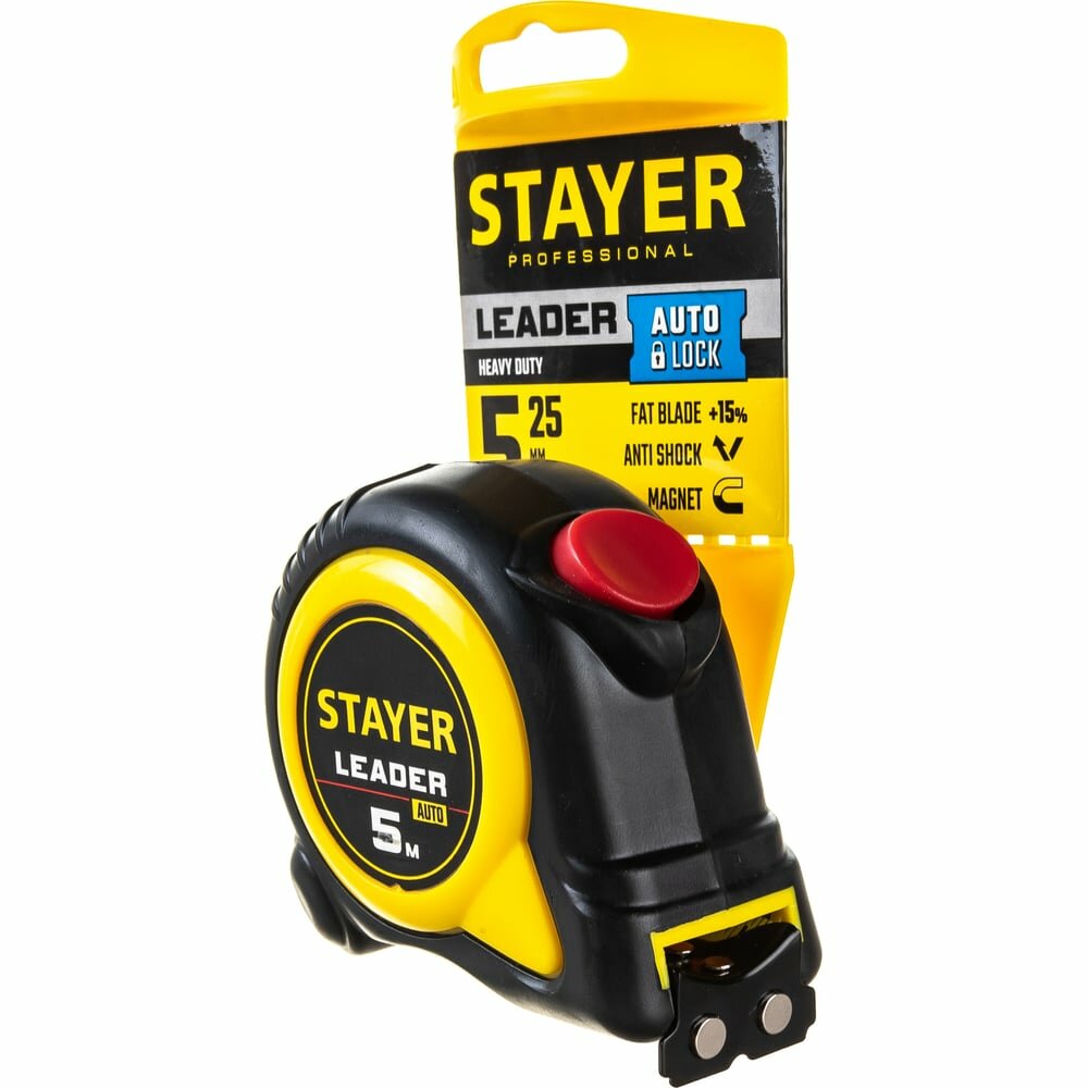 Рулетка Stayer LEADER 5м / 25мм с автостопом в ударостойком обрезиненном корпусе 3402-5_z02 — фото 1