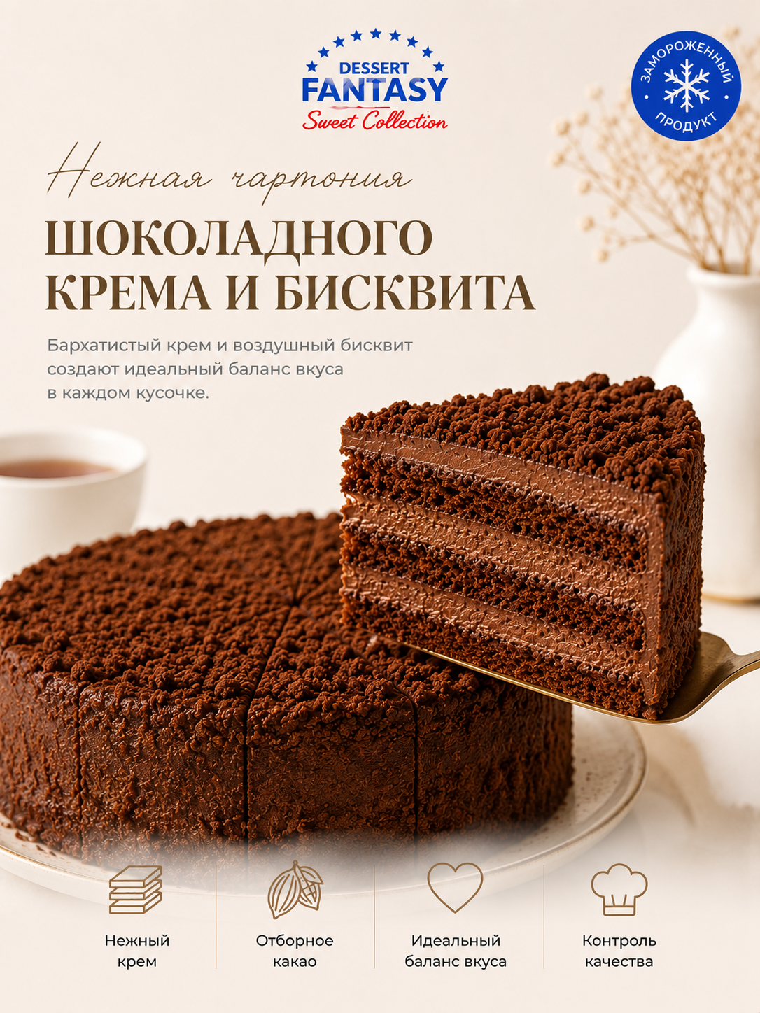 Торт Dessert Fantasy "Прага", бисквитные коржи, шоколадные ноты, тающая текстура, 14 порций по 130 г. (1820 г.) — фото 1