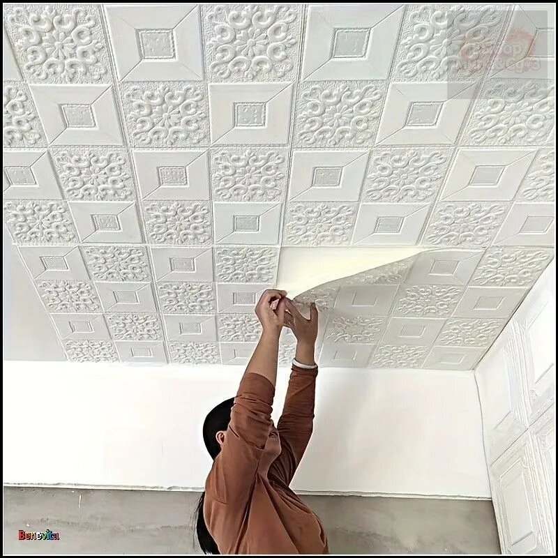 50 шт, Плитка потолочная самоклеющаяся, экологичная для DIY, Панели самоклеющиеся для стен 35x35 см, быстрый и дешевый ремонт потолка и стен