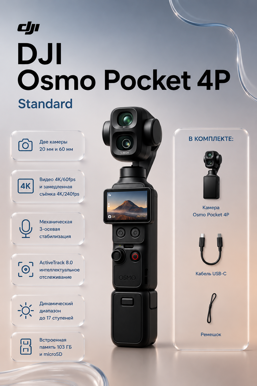Стабилизатор для телефона DJI Osmo Pocket, Wi-Fi/Bluetooth, чёрный