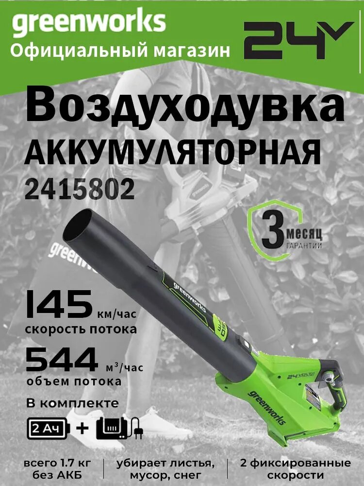 Воздуходувка аккумуляторная Greenworks, 24V, АКБ 2АЧ и ЗУ, 2404807