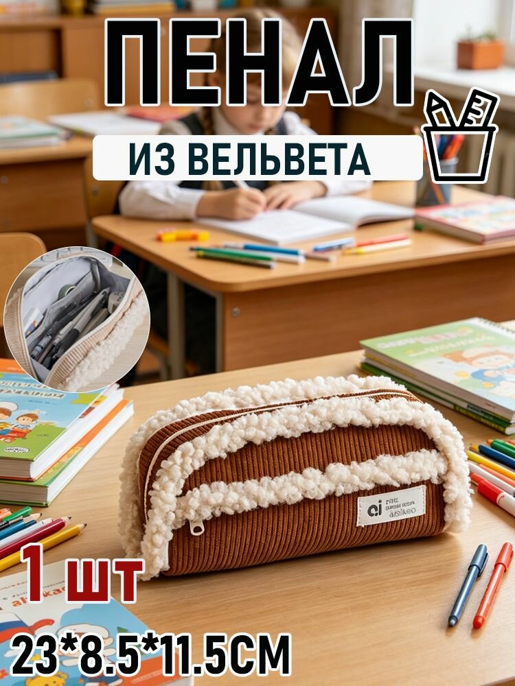 Пенал из вельвета-вместительный органайзер для канцелярии