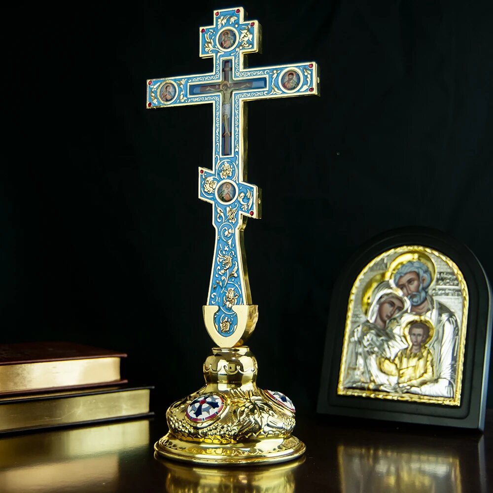 Стоячий православный крест, синий с основанием