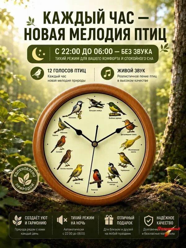 Настенные часы, 25 см х 25 см, реалистичные голоса птиц, декор для гостиной и спальни