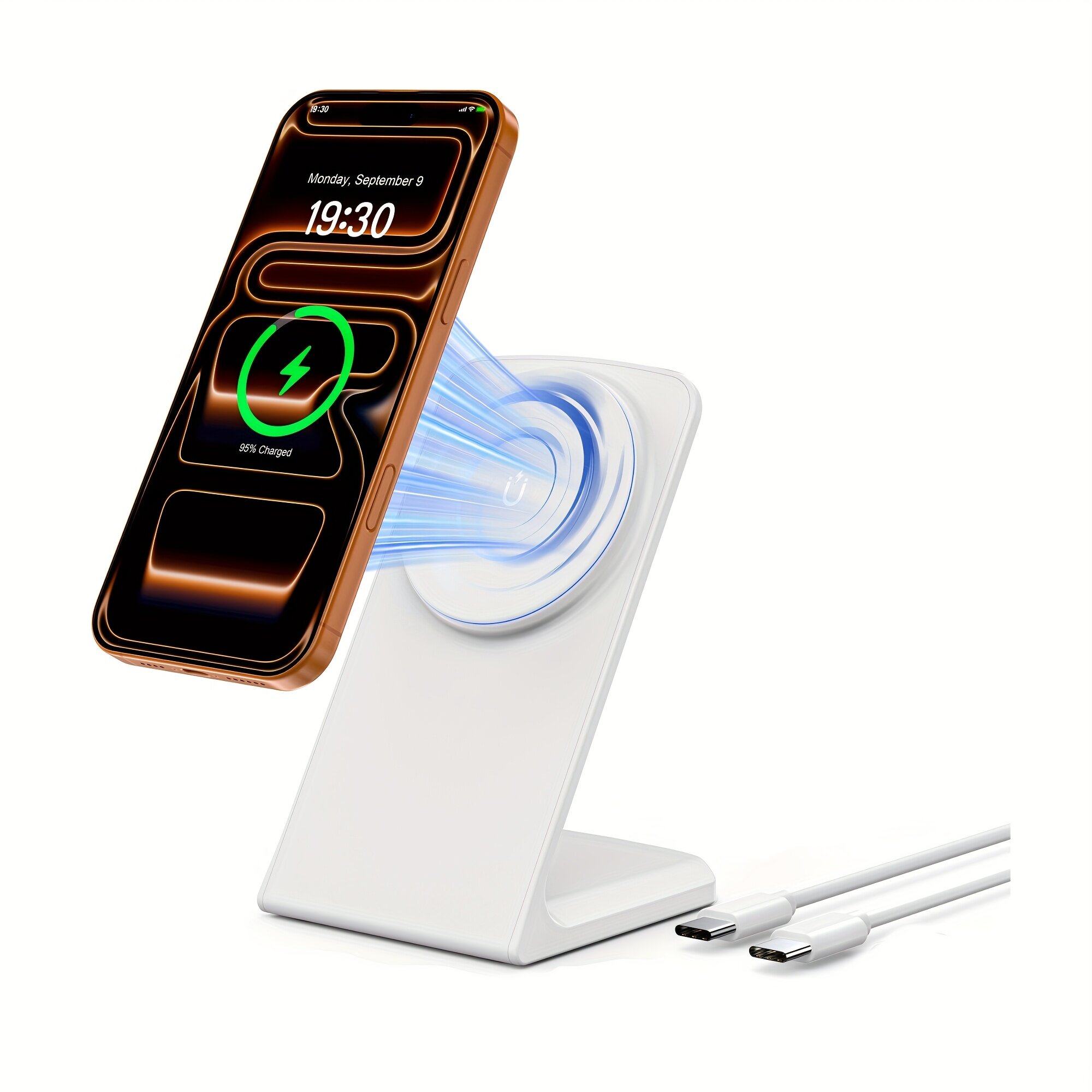 Беспроводное магнитное зарядное устройство-подставка 15W для iPhone 17/17 Pro/17 Air/17 Pro Max 16/15/14/13/12 и AirPods, белый
