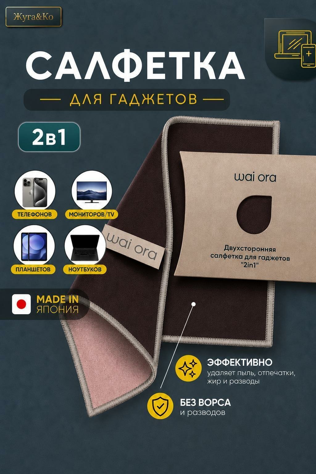 Салфетка для уборки wai ora Салфетка для уборки электроники, монитора, ноутбука, оргтехники, Wai Ora двухсторонняя японская тряпка для уборки для гаджетов.