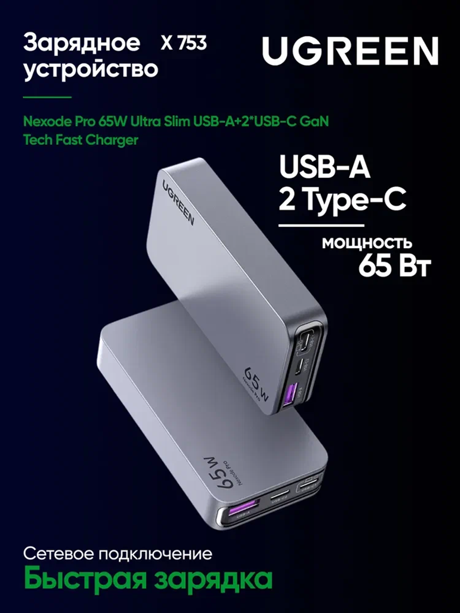 Сетевое зарядное устройство UGREEN X753 Nexode Pro 65W Ultra Slim GaN 2 года гарантия серый