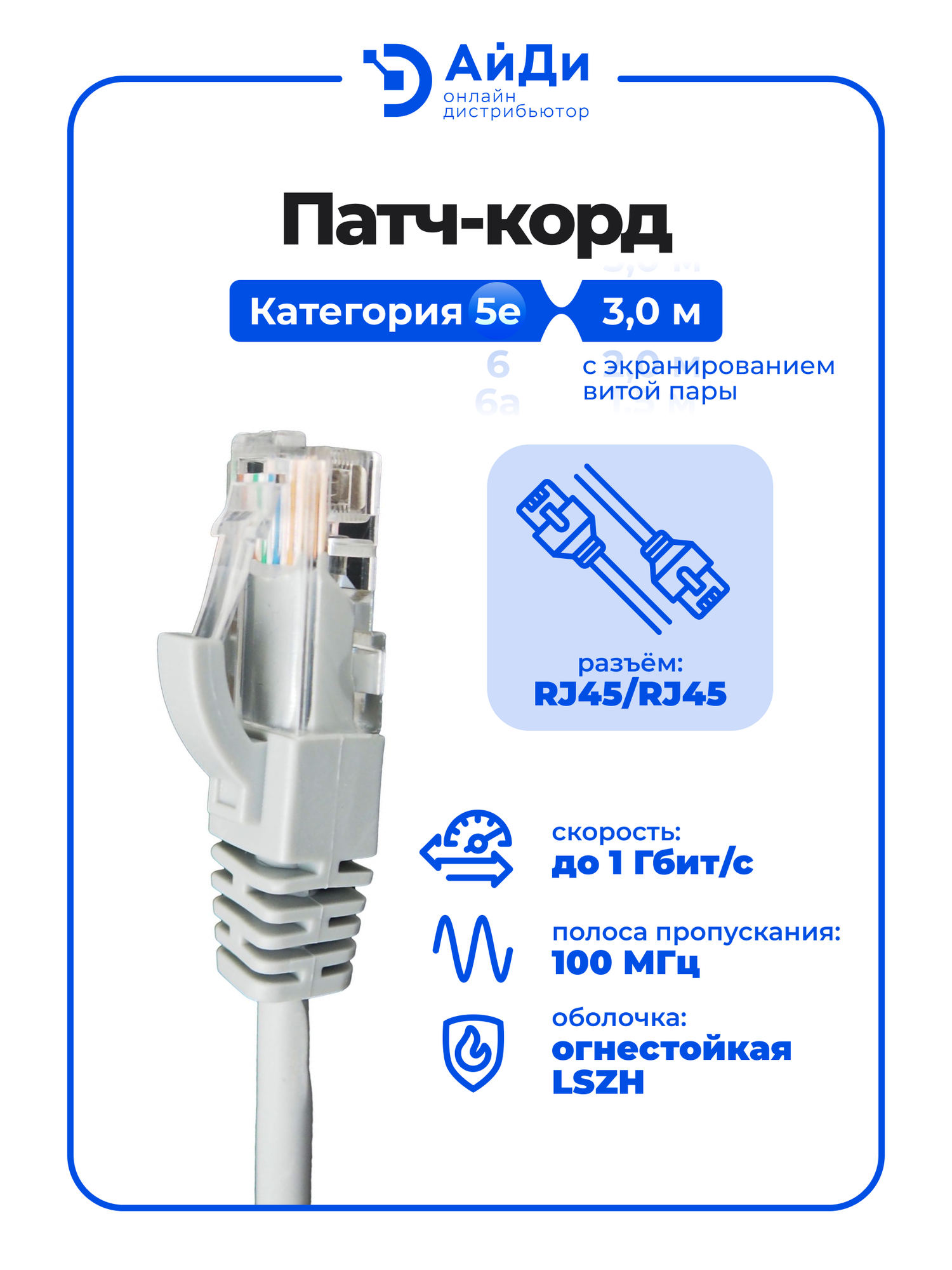 Интернет-кабель, категория 5е, экранированный F/UTP, RJ45-RJ45, 100 МГц LSZH, AWG24 3м, серый