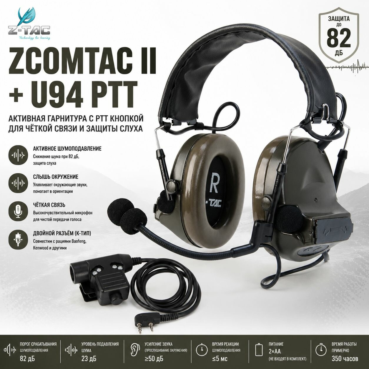 Z-TAC Наушники проводные с микрофоном Активные наушники Z-TAC ZComtac II с кнопкой U94 PTT | Наушники с активным шумоподавлением для связи, черный матовый, зеленый