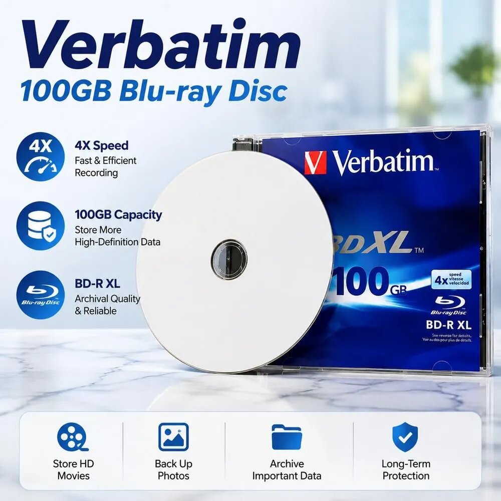 Verbatim Диск для записи BD-R XL 100 ГБ 4x BD-R XL 100GB 4x Скорость записи — фото 1