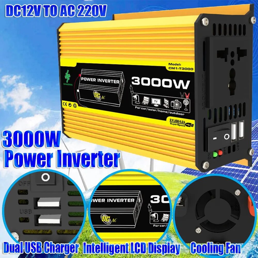 Инвертор автомобильный CHADWIN CM1-T3000 3000W желтый для авто, дома, кемпинга, с USB — фото 1