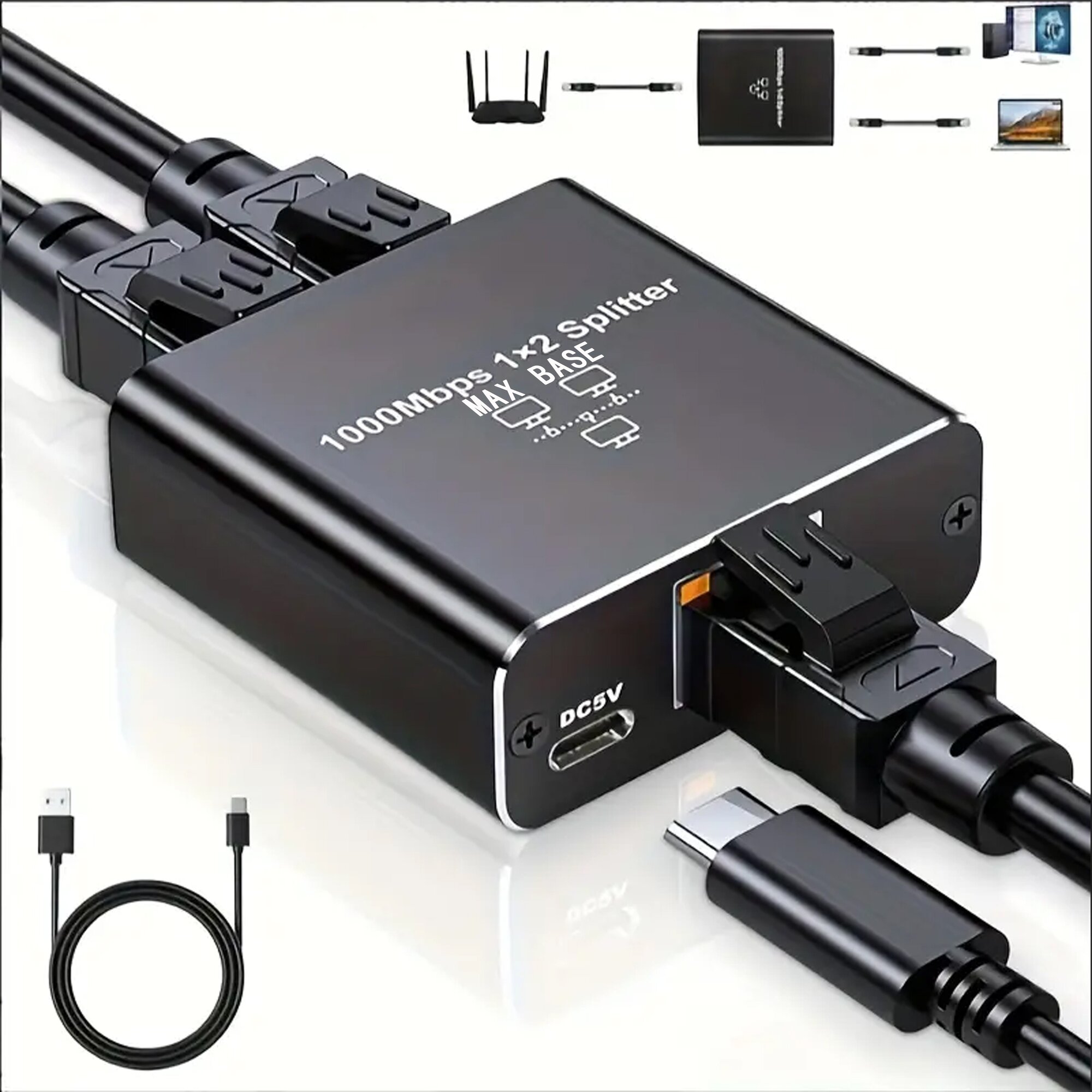 Gigabit Ethernet-сплиттер 1000 Мбит/с, USB-кабель питания, 2-портовый разветвитель LAN, поддержка Cat5/5e/6/7/8, для одновременного подключения нескольких устройств