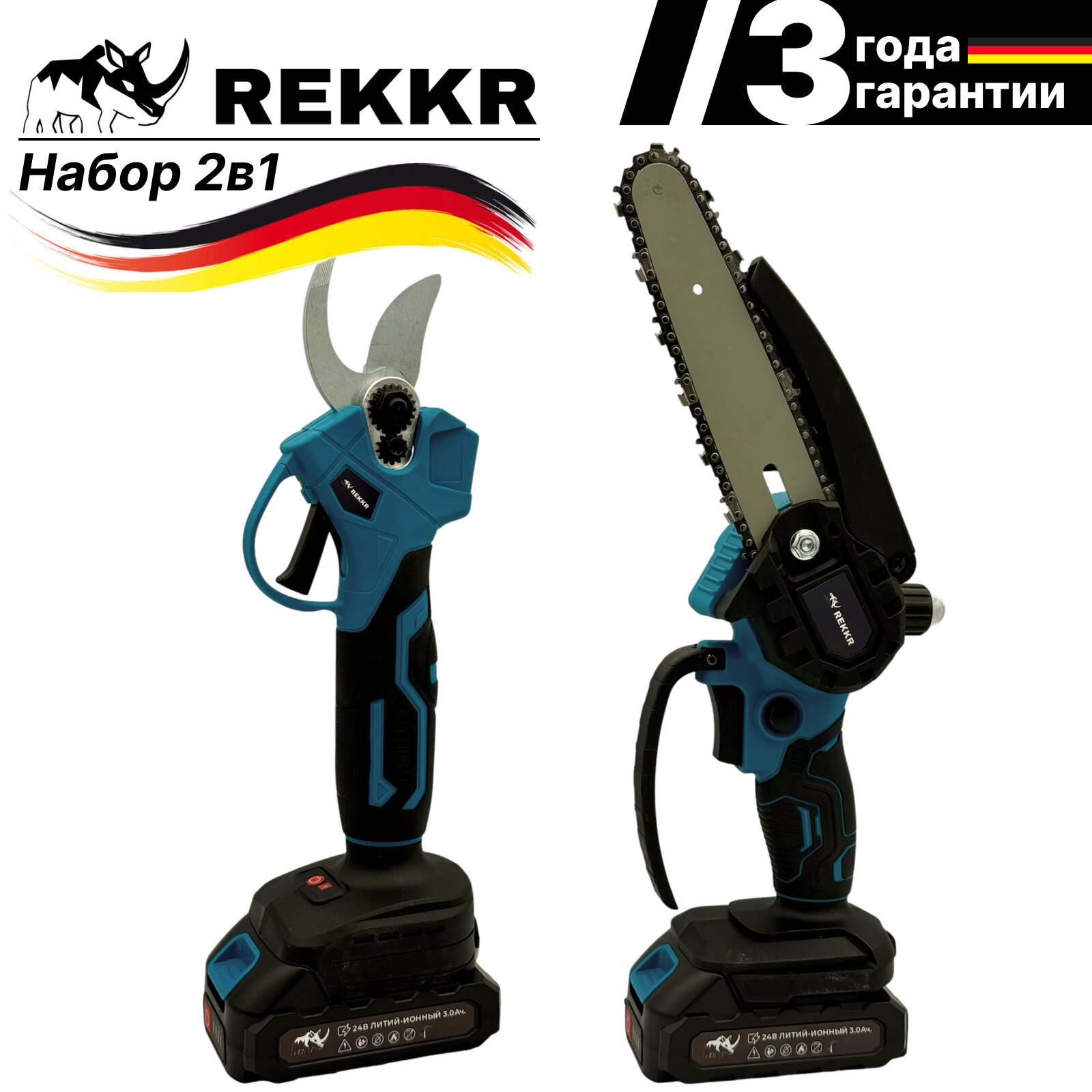 Набор 2в1 REKKR STN021BL, секатор, пила цепная с подачей масла, 2 аккумулятора 24В 3Ач, кейс, зарядка
