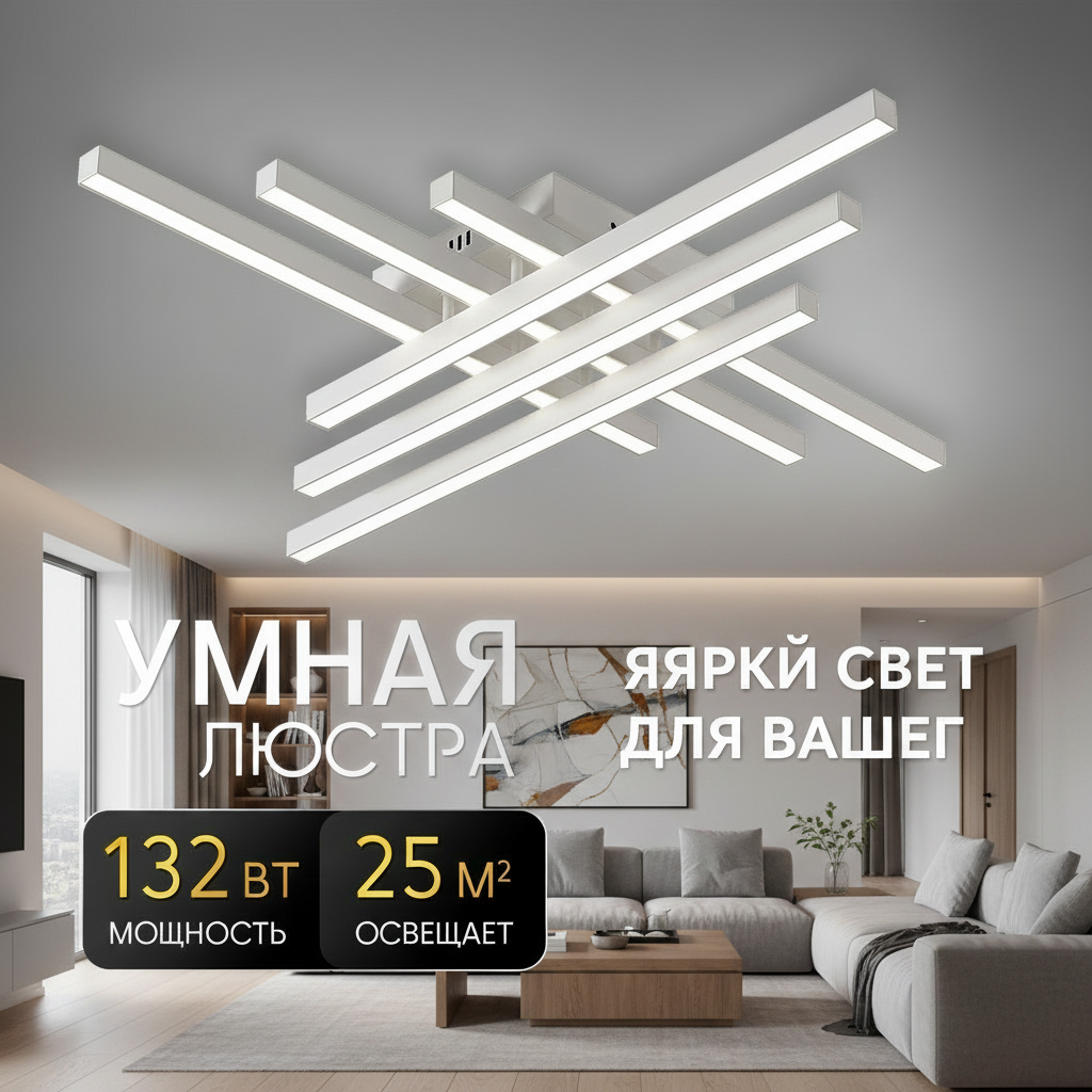 Современная белая люстра LED 132 Вт 80 см работа с Алисой и пульт ДУ