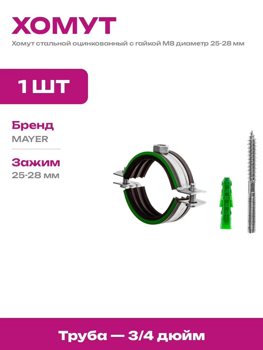 Хомут для труб 3/4 дюйма оцинкованный с дюбелем и гайкой