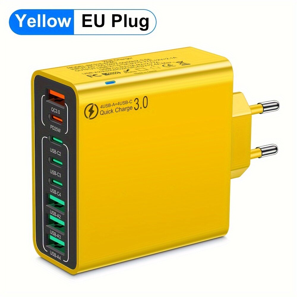 45W Сетевое зарядное устройство с портами USB-C и USB, поддержка QC 3.0, быстрая зарядка для iPhone и Samsung, желтый