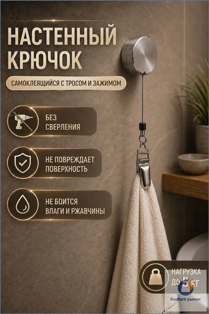 Крючок с тросом и прищепкой для полотенец, самоклеящийся, без сверления, для ванной и кухни