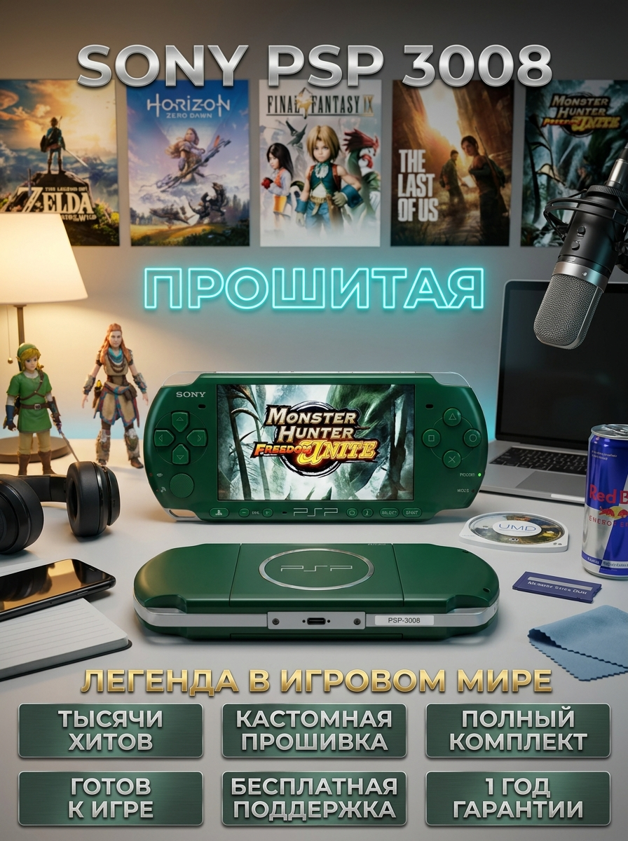 Новая игровая приставка Sony PSP 3008 Slim Green 64Gb 3000+ ИГР