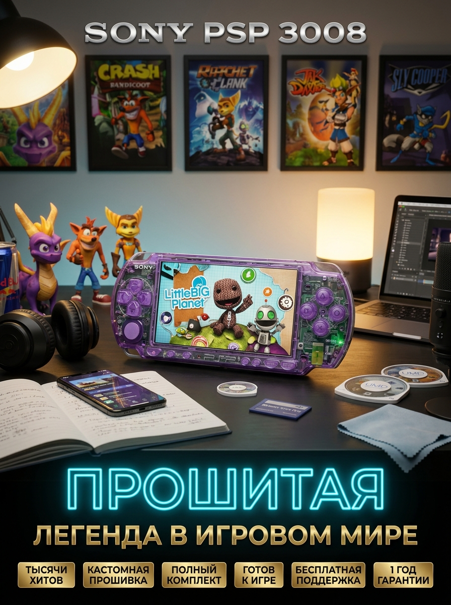 Новая игровая приставка Sony PSP 3008 Slim Transparent Purple 64Gb 3000+ ИГР