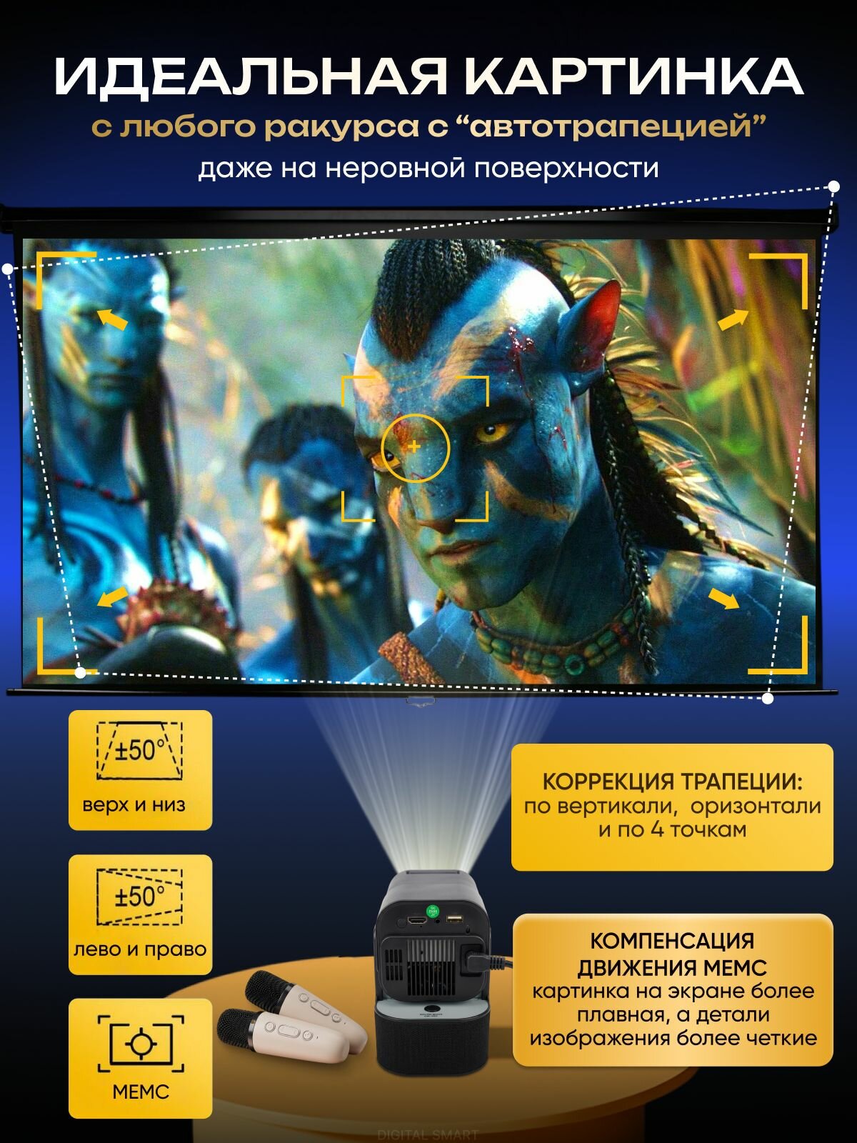 Умный проектор для фильмов и игр 4K Android TV, Wi-Fi, Bluetooth/ Лазерный проектор для дома с автофокусом и встроенными динамиками — фото 1