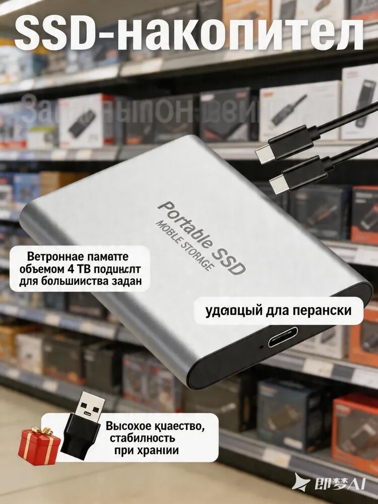 4 ТБ Внешний SSD накопитель, Металл, Белый, портативный, USB 3.0