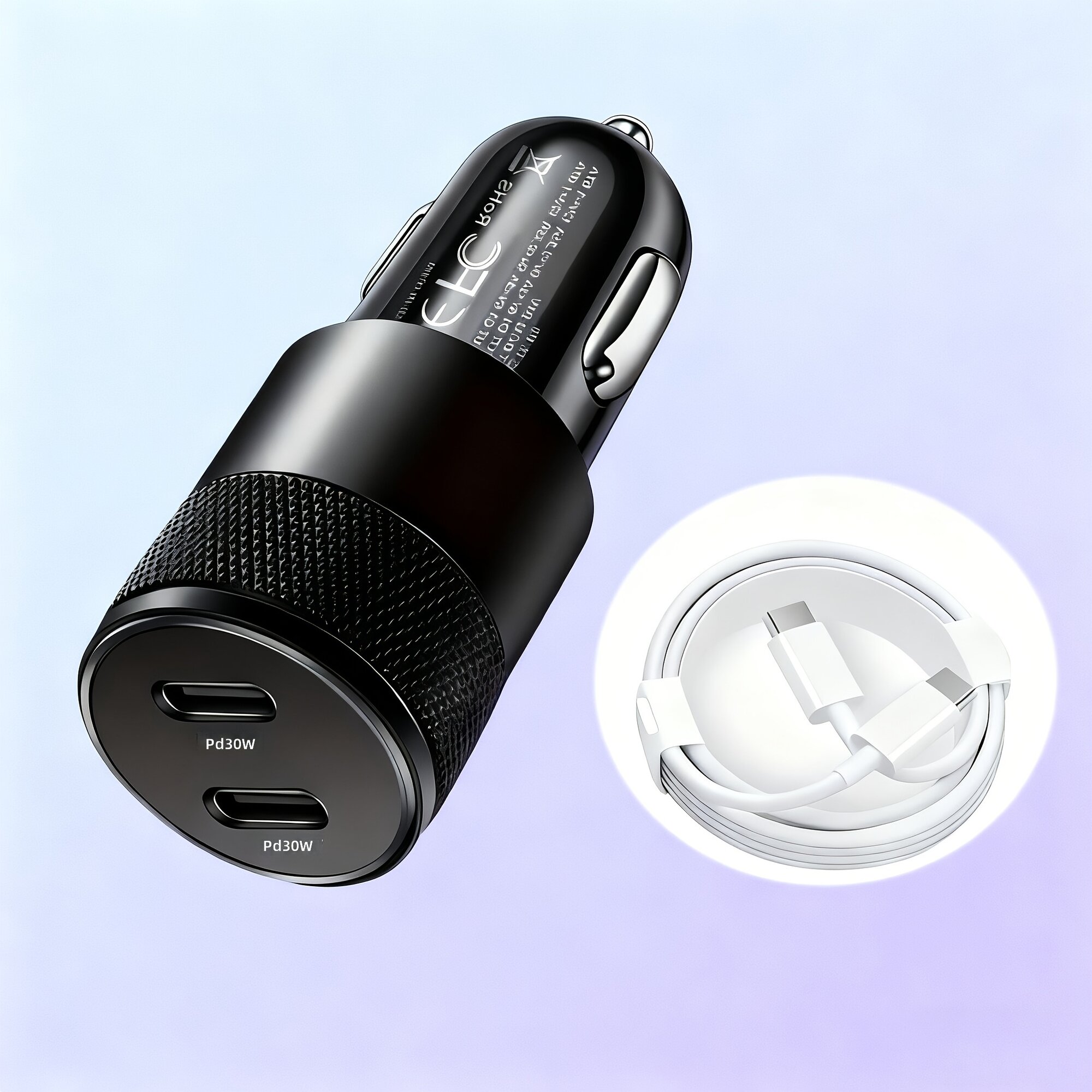 Автомобильное зарядное устройство 60W с двумя портами PD USB-C, быстрая зарядка, черный, в комплекте с кабелем CC