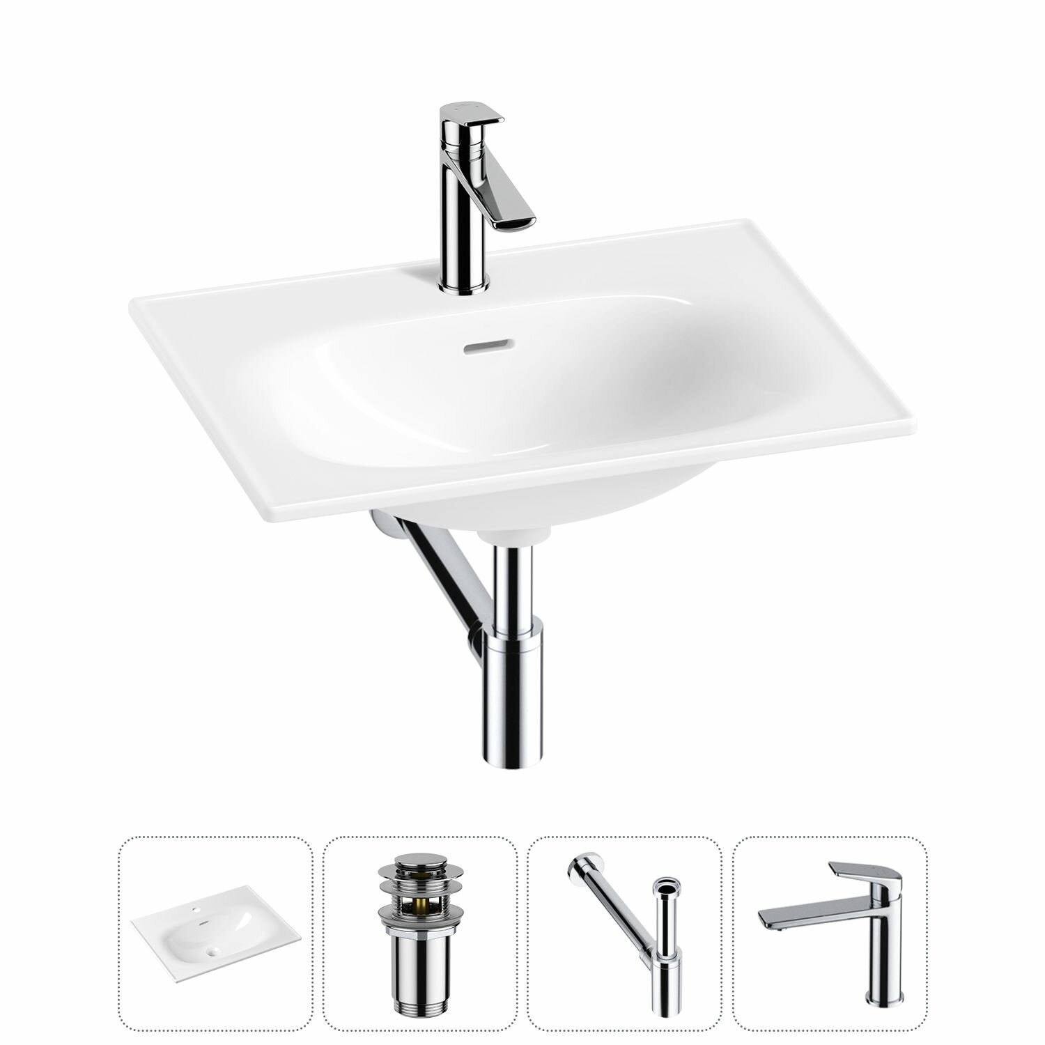 Врезная раковина для ванной Lavinia Boho Bathroom Sink 20217643R в наборе 4 в 1: раковина 60 см (белый глянец), донный клапан, сифон, смеситель (цвет набора хром)