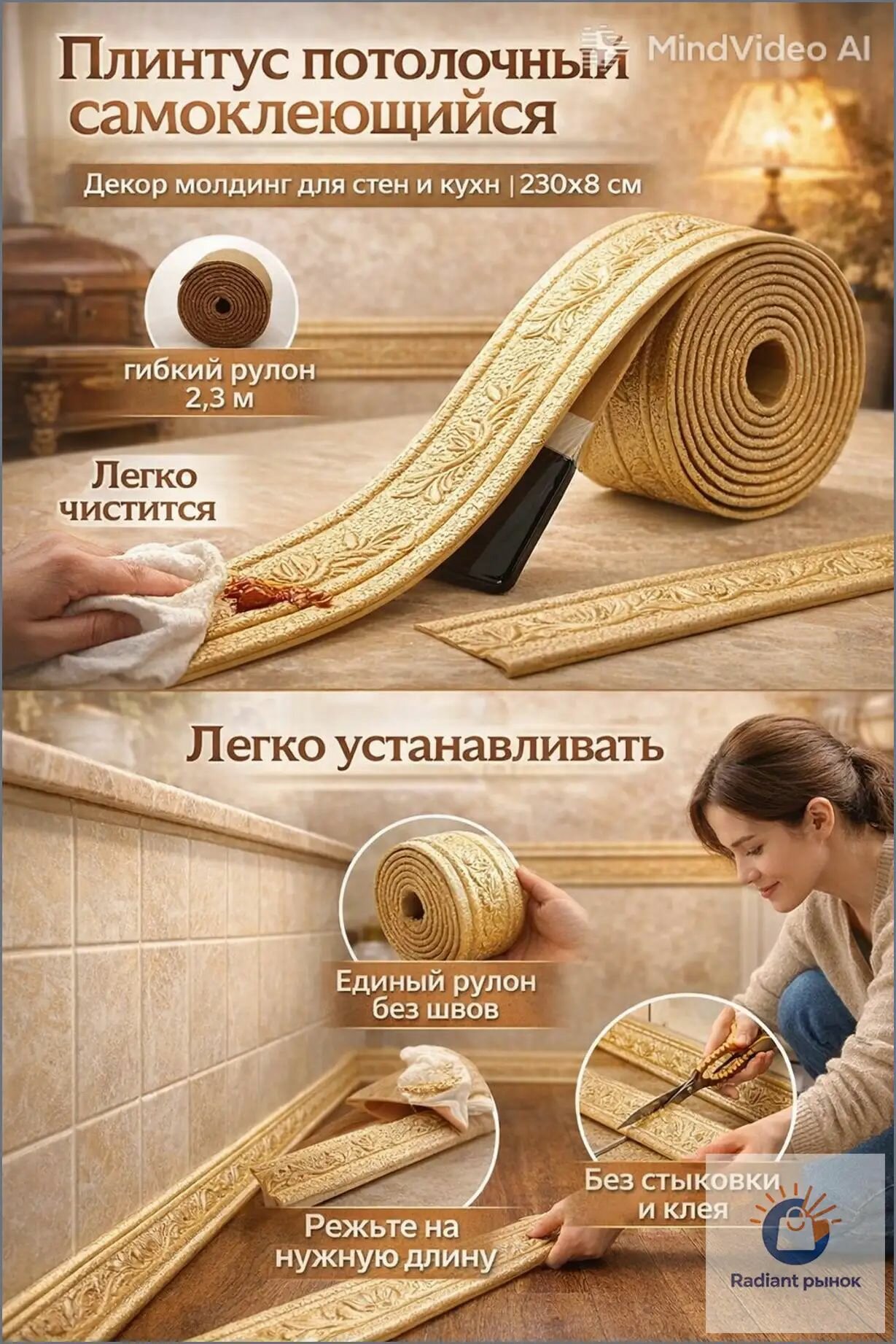Плинтус потолочный самоклеющийся, Декор молдинг для стен и кухни,230x8cm
