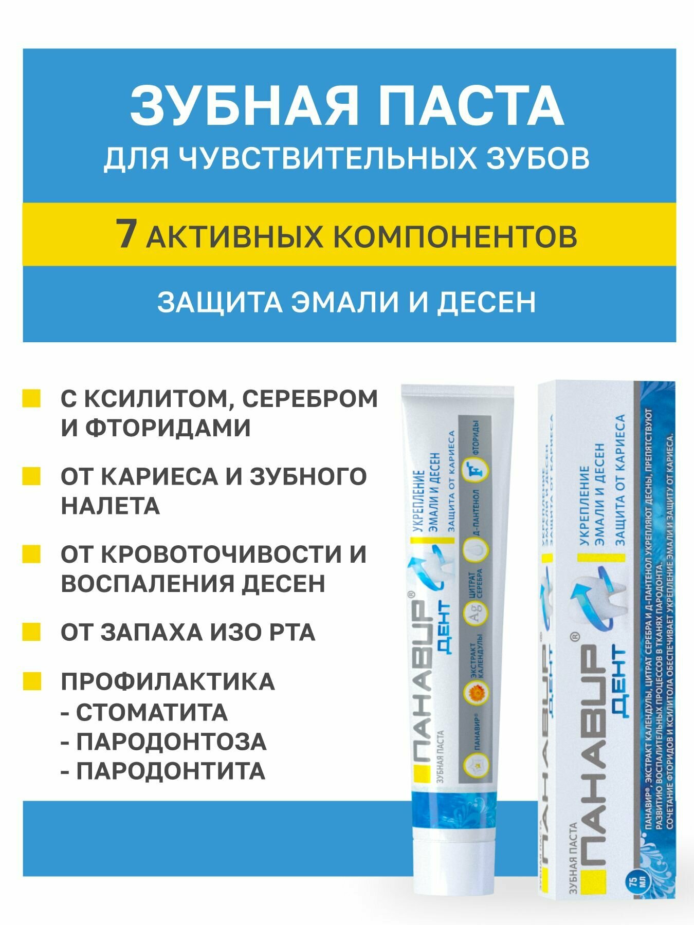 Профессиональная зубная паста для чувствительных зубов с защитой от кариеса, зубного налета, кровоточивости и воспаления десен с ксилитом и серебром