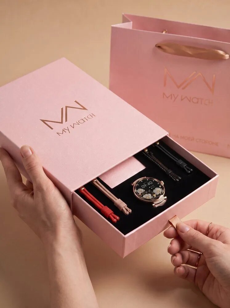 MY WATCH Смарт-часы женские, умные наручные с функцией звонка, водонепроницаемые, 39mm, Lovely gold 5 ремешков